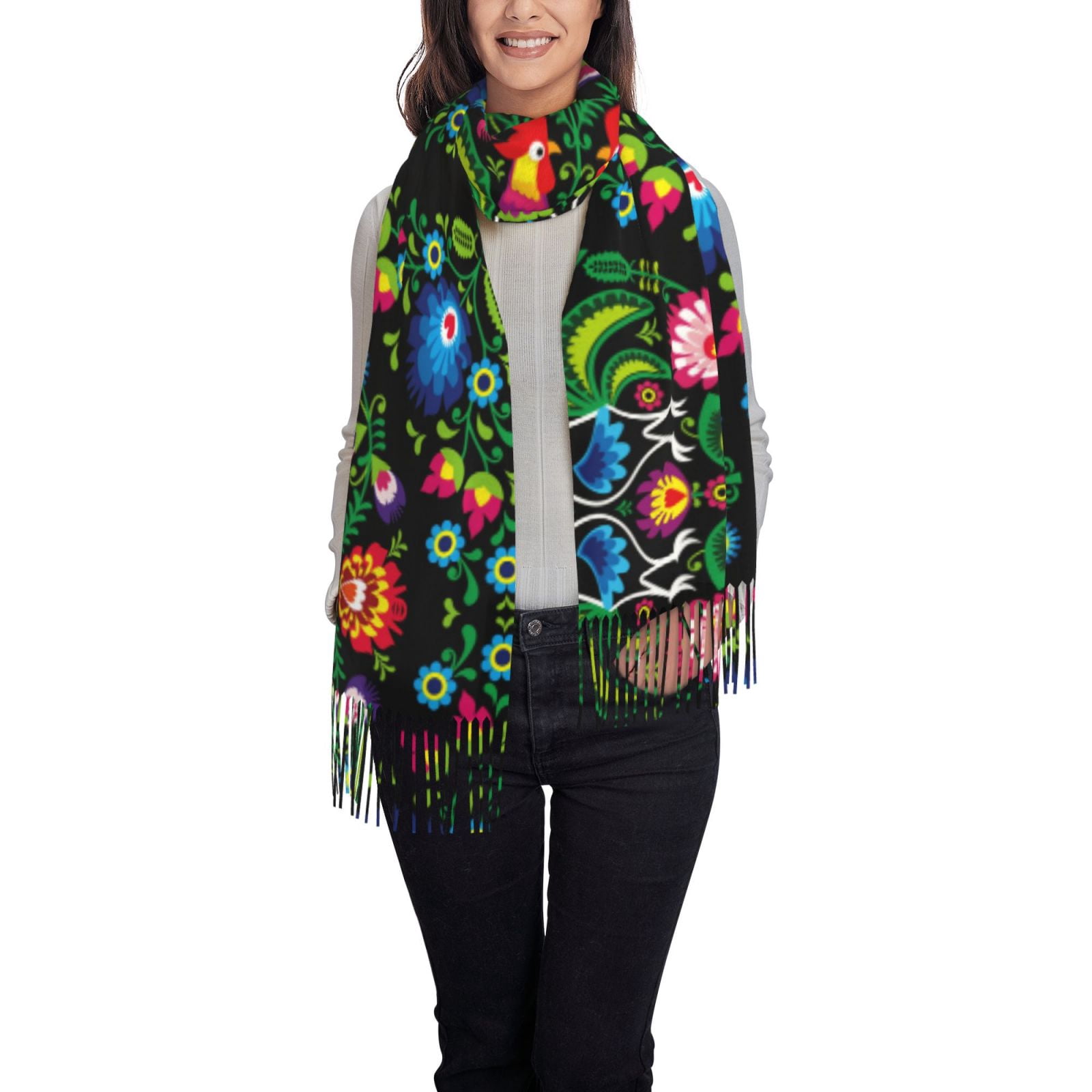 Cauagu Roosters and Flowers Print Women Wrap Shawl tassels Scarves ...
