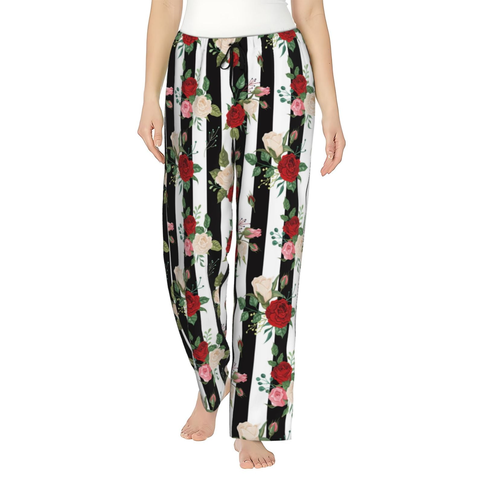 Cauagu Rose Flowers Pajama Pants for Women Loose Fit Wide Leg Trouser ...