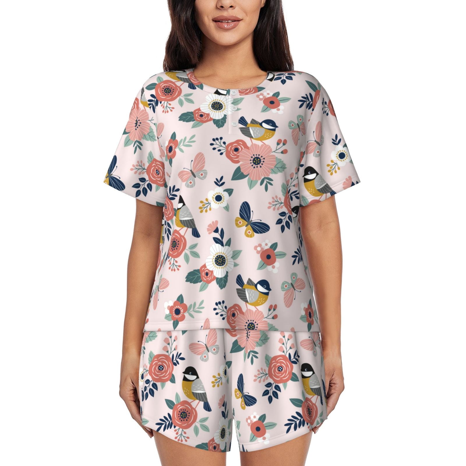 Cauagu Rose Flowers for Women's Round Neck Pajama Set,Short-Sleeved ...
