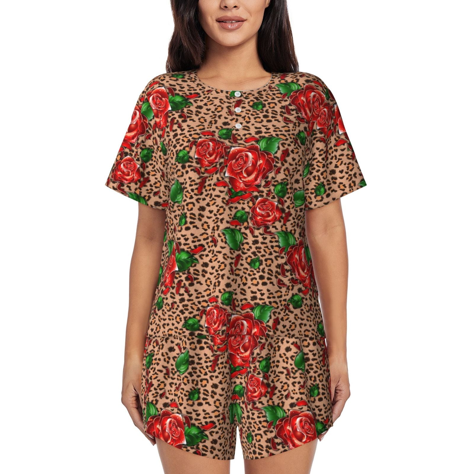 Cauagu Rose Mix Leopard 1 for Women's Round Neck Pajama Set,Short ...