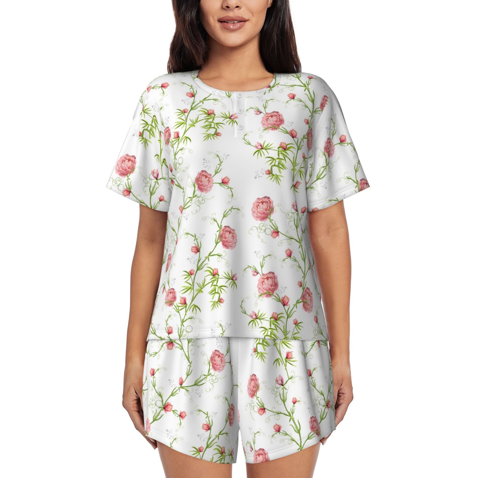 Cauagu Roses Flowers for Women's Round Neck Pajama Set,Short-Sleeved ...