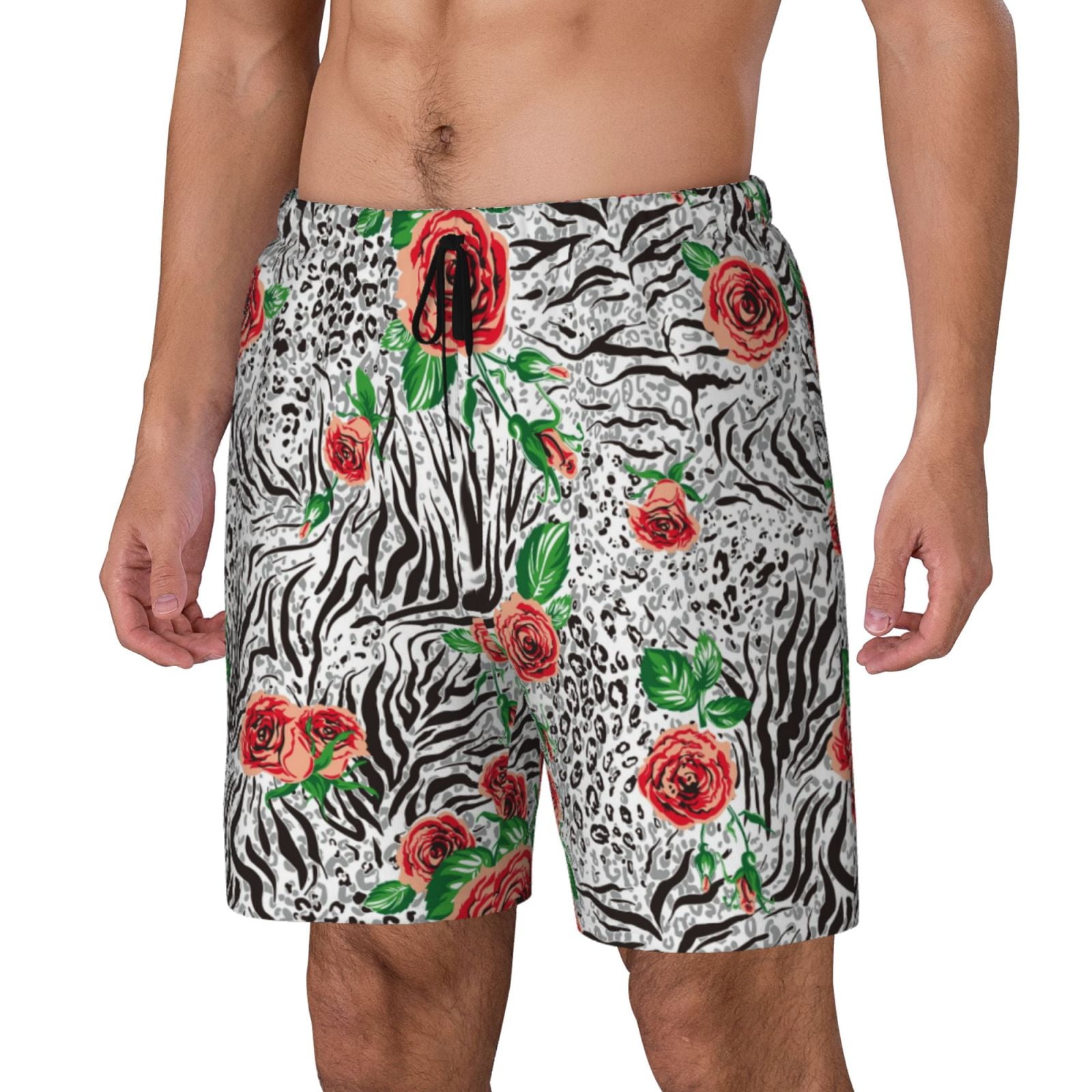Cauagu Roses Mixed Zebra 1 Print Mens Swim Trunks Quick Dry Board ...