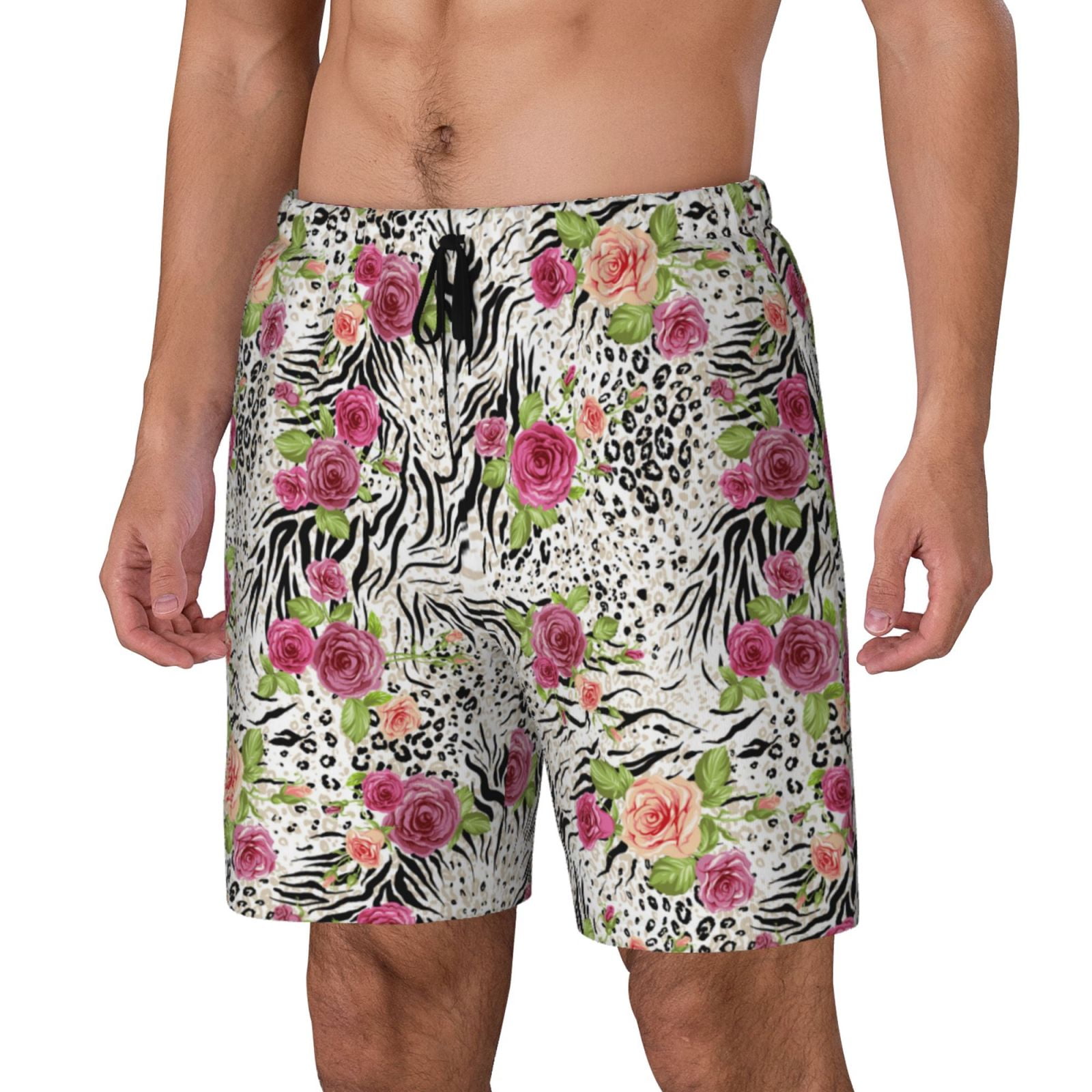 Cauagu Roses Mixed Zebra Print Mens Swim Trunks Quick Dry Board Shorts ...