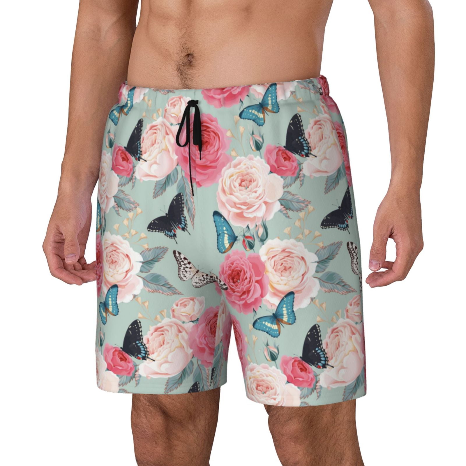 Cauagu Roses and Butterflies Print Mens Swim Trunks Quick Dry Board ...