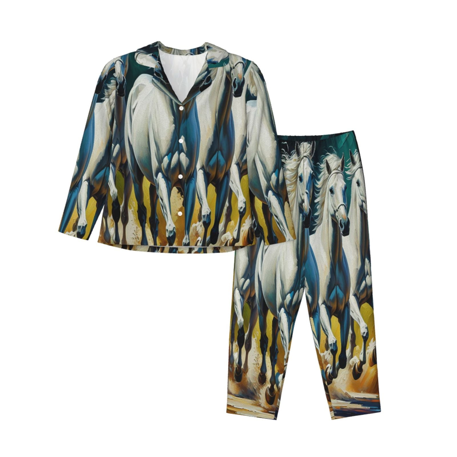 Cauagu Running horses Print Women's Long-Sleeve Pajamas Set Soft Pj ...