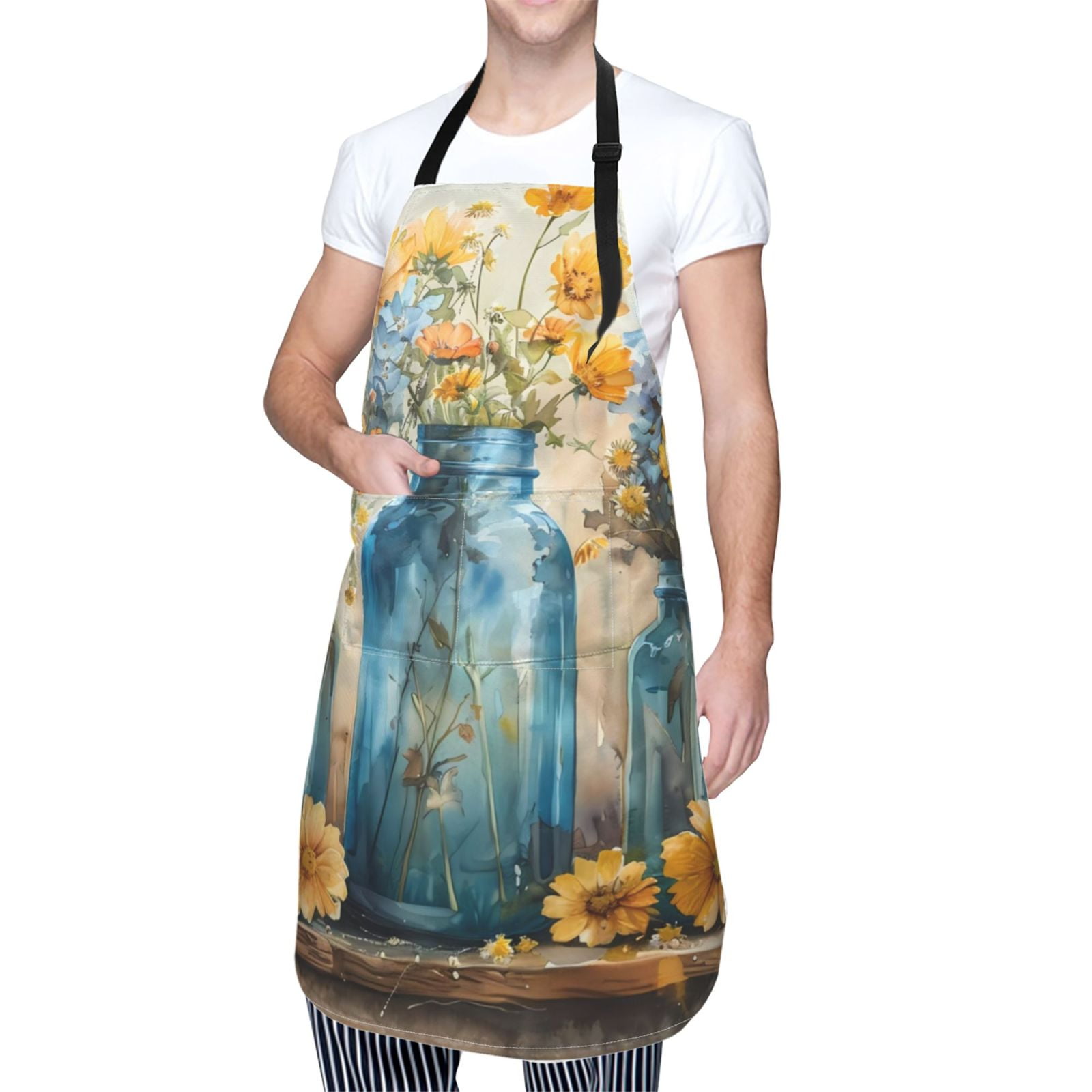 Cauagu Rustic Blue Vase Blossoms Aprons with Pockets,Waterproof Apron ...