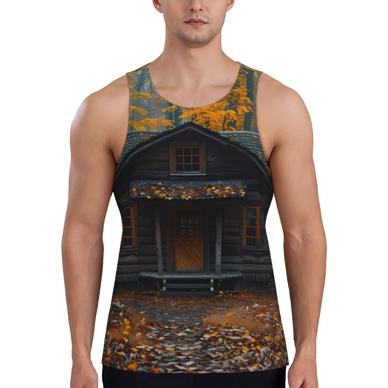 Cauagu Rustic Cabin Autumn Forest Print Men's Sleeveless Muscle Shirts ...