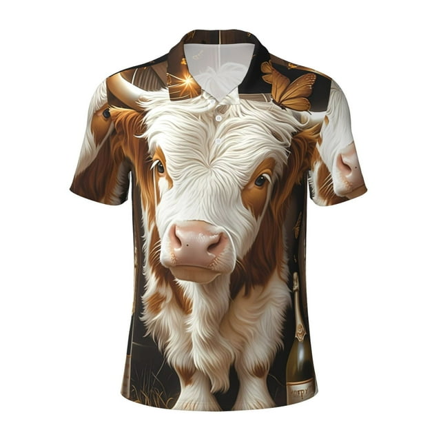 Cauagu Rustic Cow Butterflies Champagne Print Men's Polo Shirts, Short ...