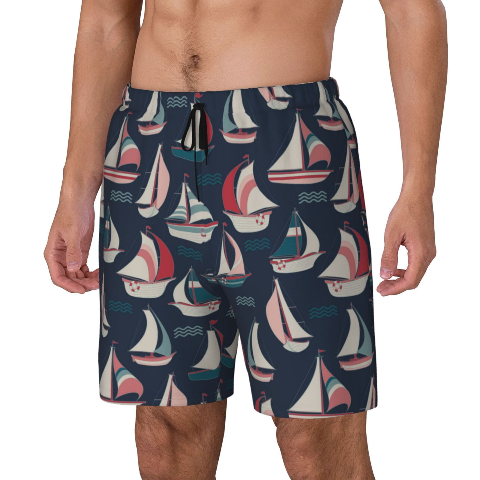 Cauagu Sailboat And Wave Print Mens Swim Trunks Quick Dry Board Shorts ...