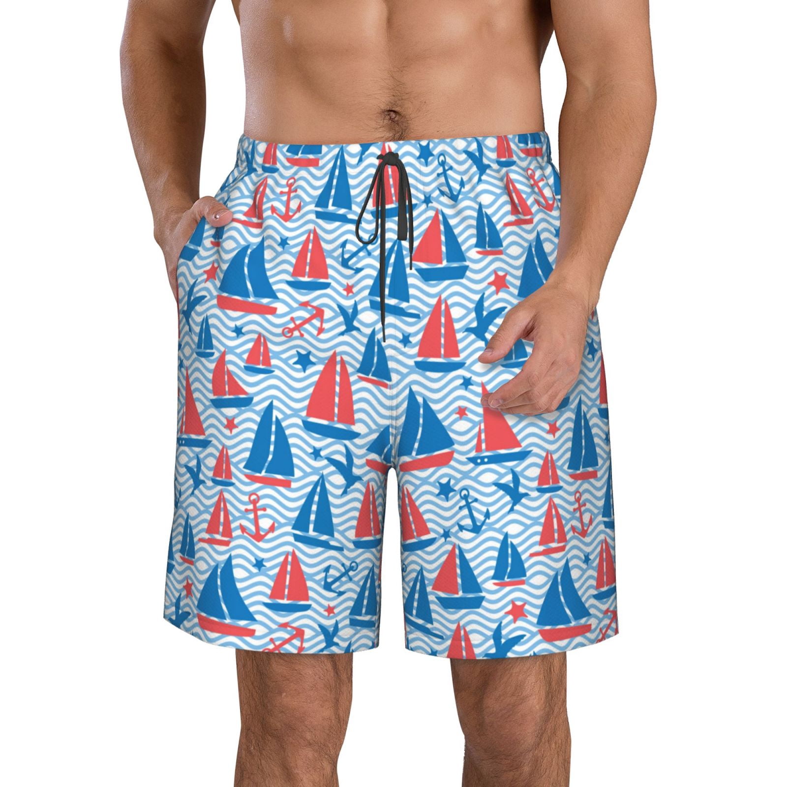 Cauagu Sailboats On A Waves Print Men's Swim Trunks,Hawaiian Bathing ...