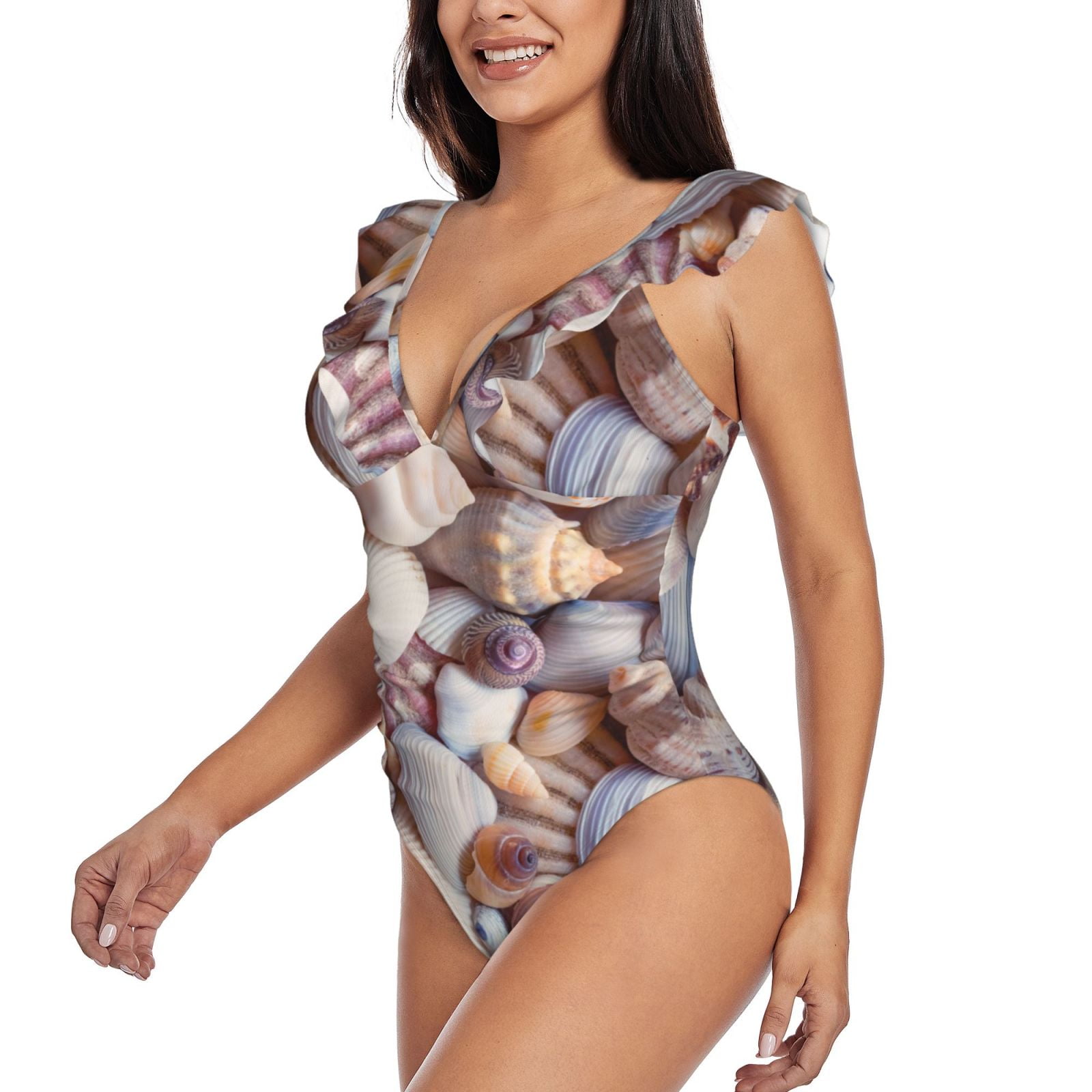 Cauagu Sea Shells Print One Piece Swimsuits for Women Ruffle Tummy Control Bathing Suit Sexy ...