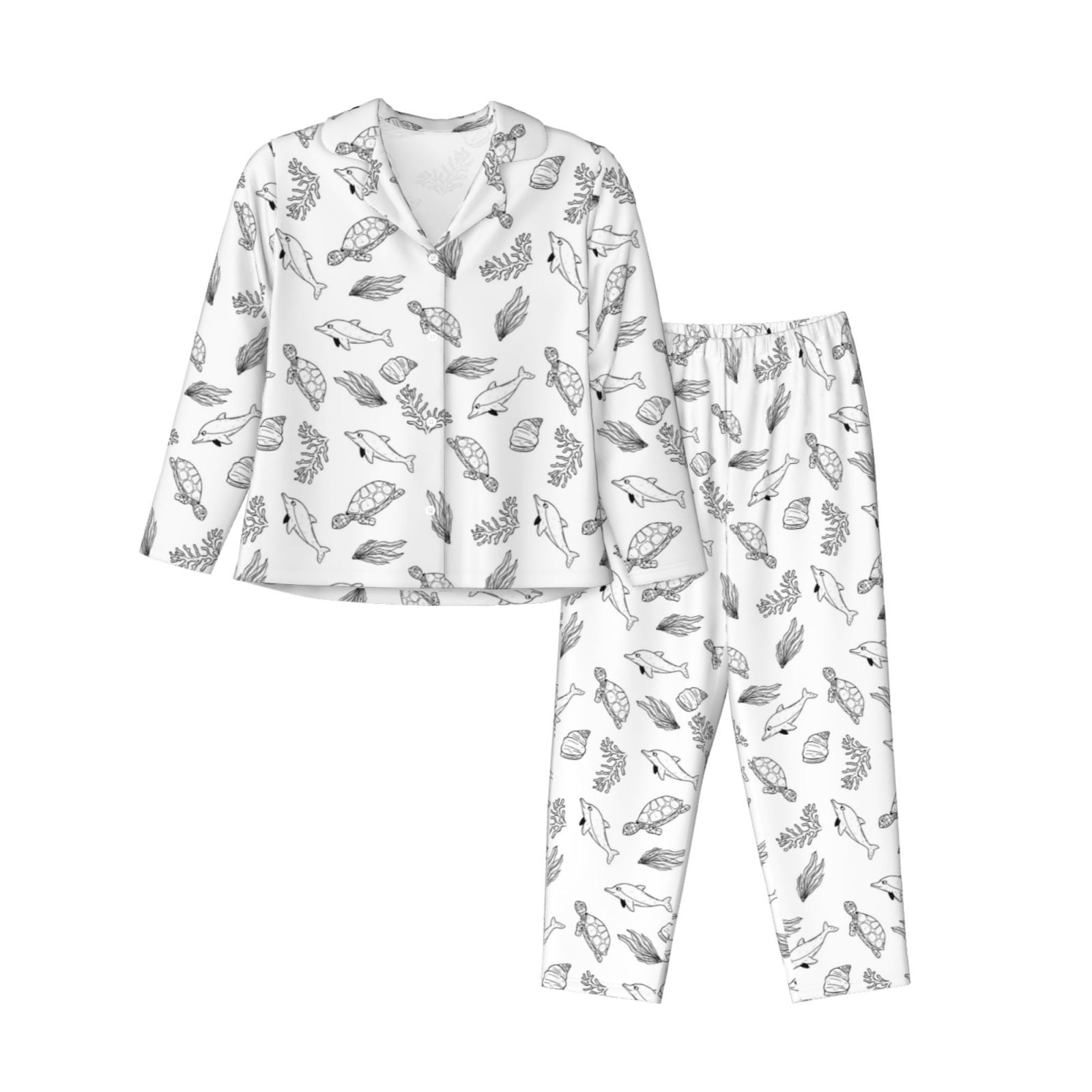 Cauagu Sea Turtle Print Women's Long-Sleeve Pajamas Set Soft Pj Lounge ...