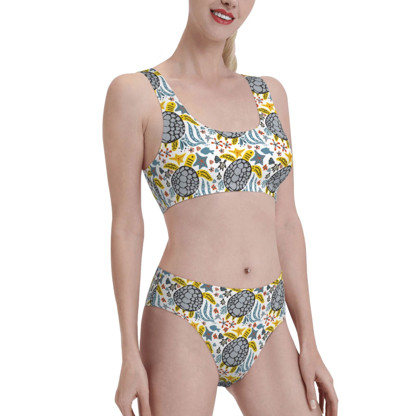 Cauagu Sea Turtle Print Women's Low Rise Bikini Set Two Piece Sporty ...