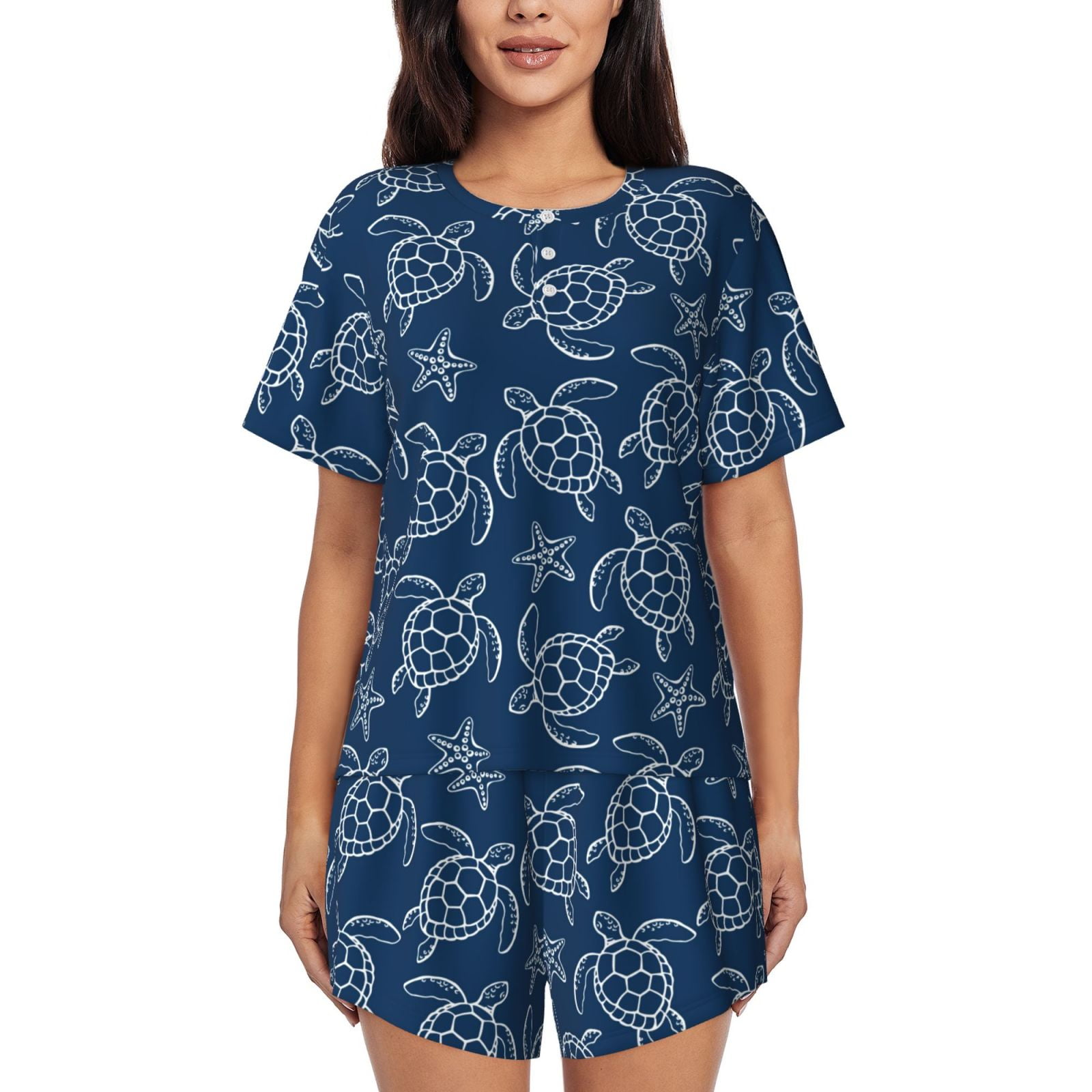 Cauagu Sea Turtle for Women's Round Neck Pajama Set,Short-Sleeved ...
