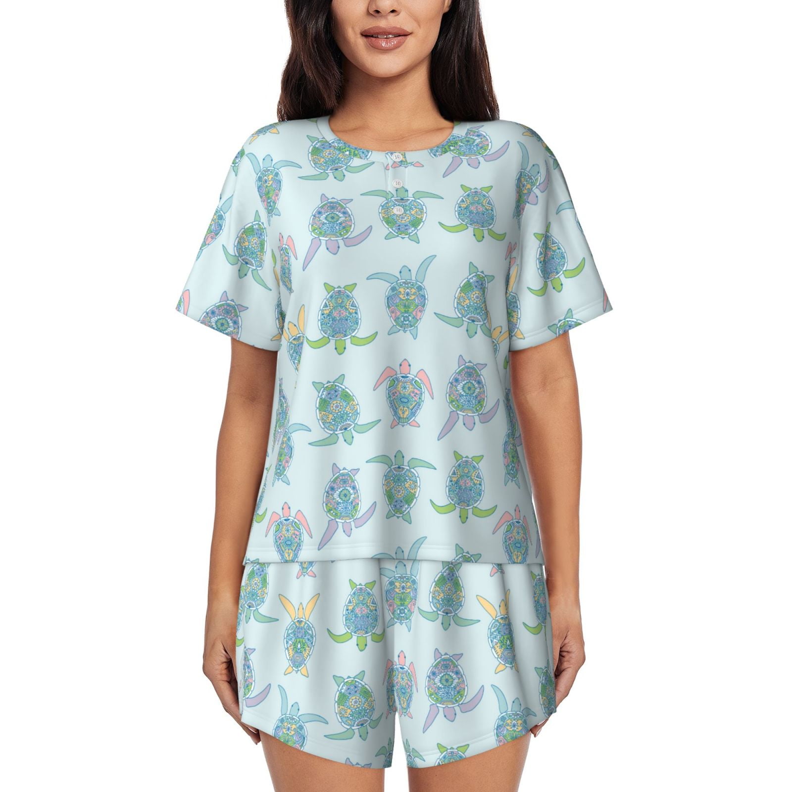 Cauagu Sea Turtle for Women's Round Neck Pajama Set,Short-Sleeved ...