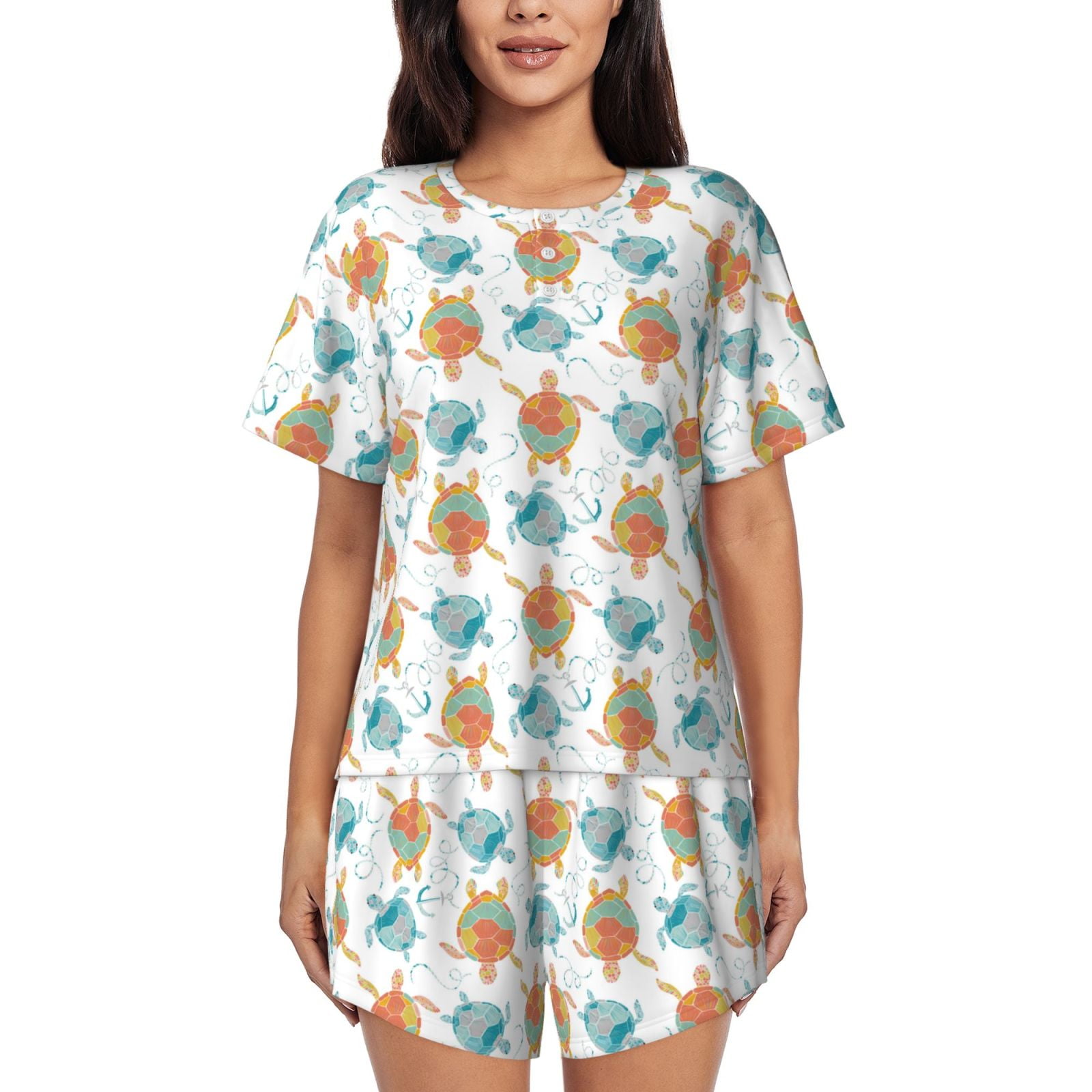 Cauagu Sea Turtle for Women's Round Neck Pajama Set,Short-Sleeved ...