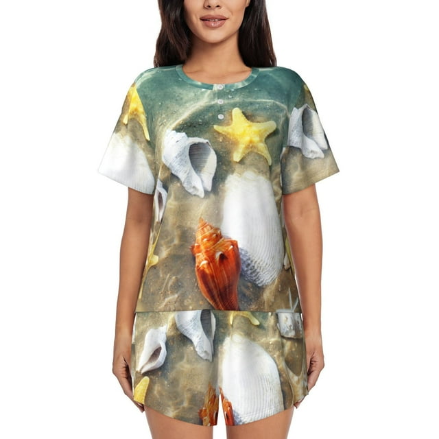 Cauagu Seashell On The Beach for Women's Round Neck Pajama Set,Short ...