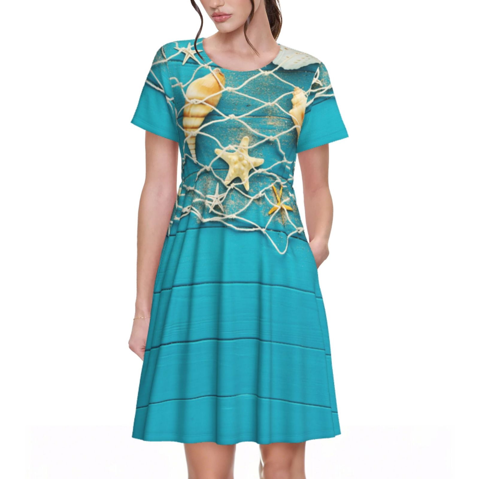 Cauagu Seashells And Fishing Net On Blue Wooden Table Print Summer ...