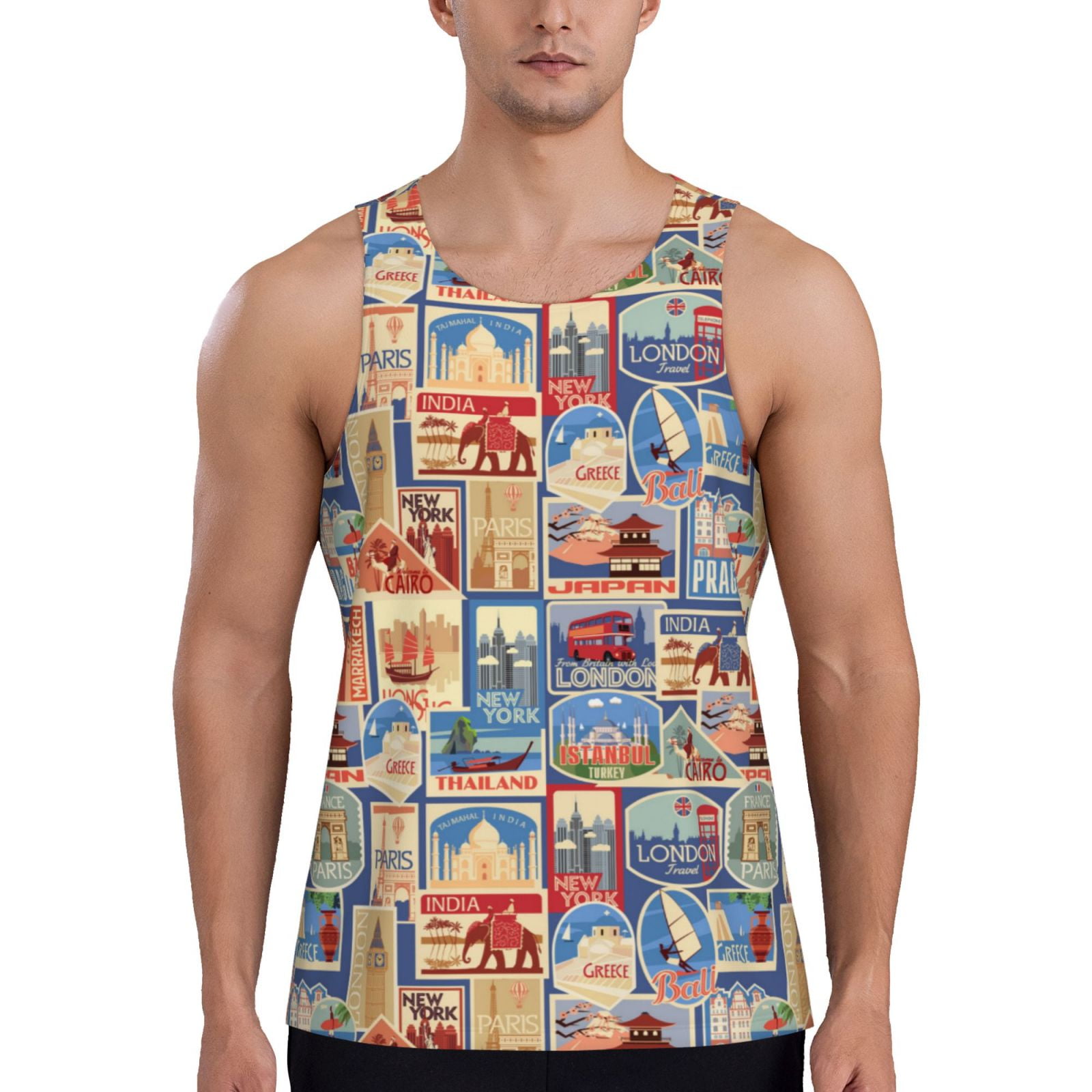 Cauagu Set Of Travel Vintage Print Men's Sleeveless Muscle Shirts,Tank ...