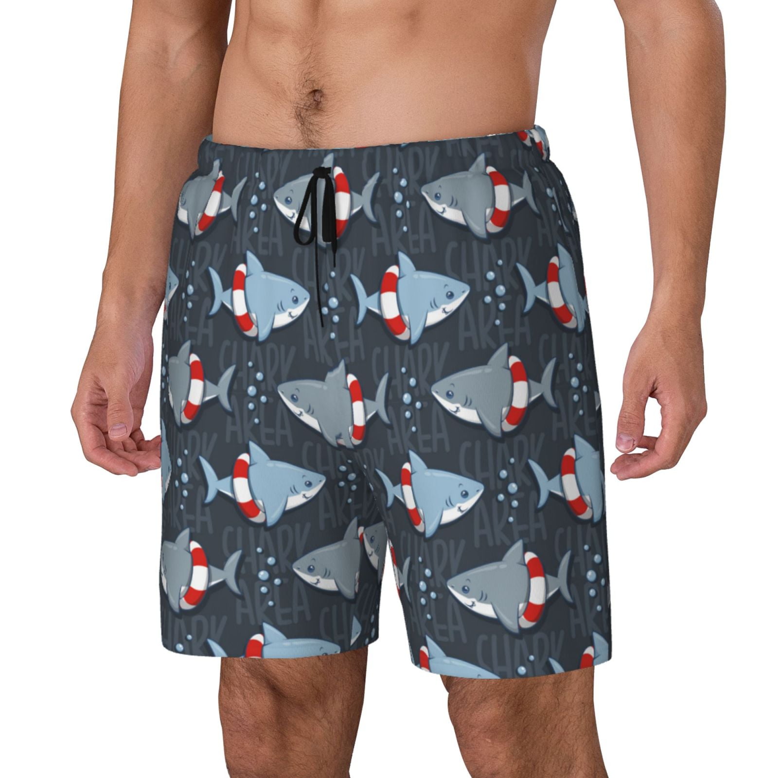 Cauagu Shark Wearing Swim Ring Print Mens Swim Trunks Quick Dry Board ...