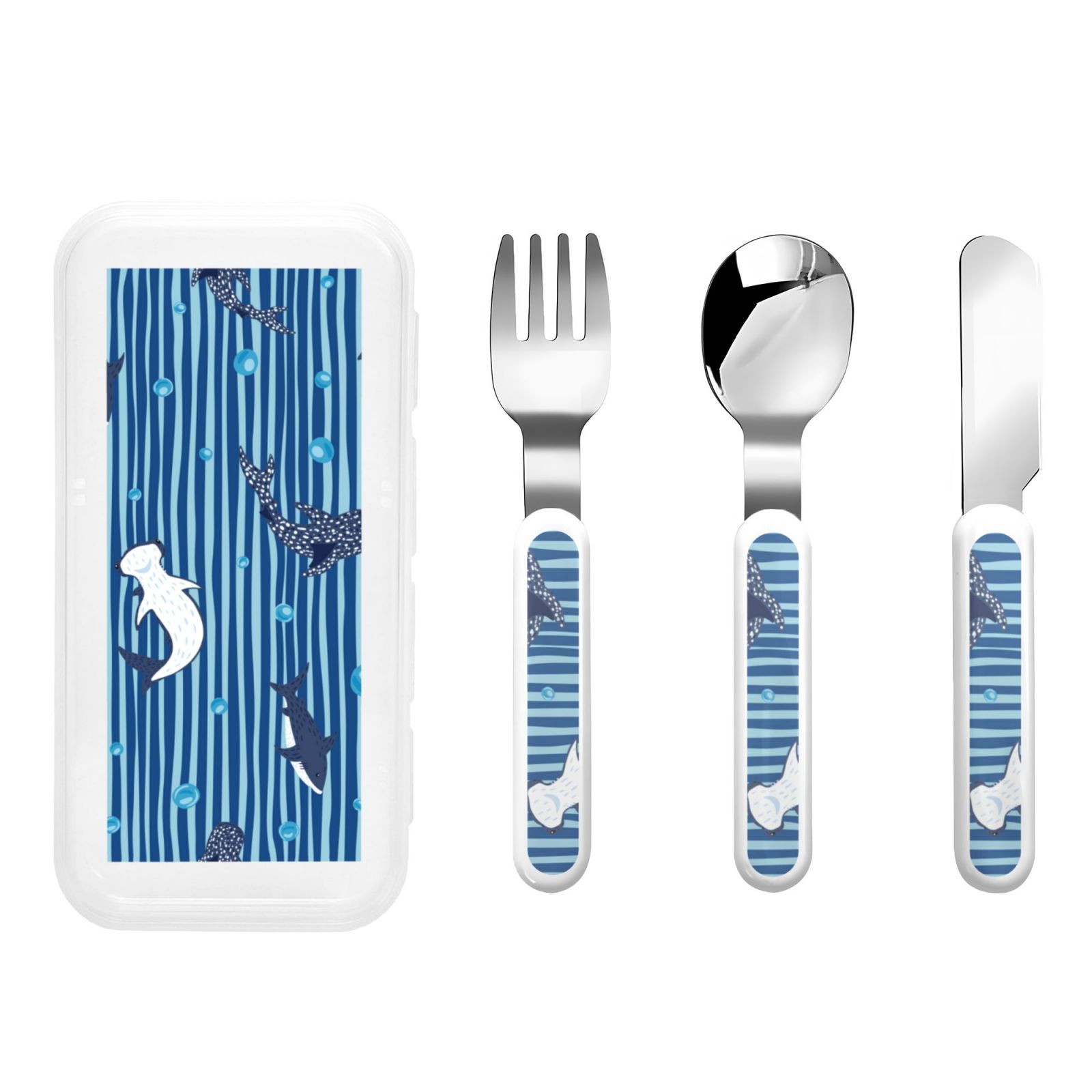 Cauagu Sharks on White Blue Striped Print 3-Pieces Toddler Cutlery Set ...