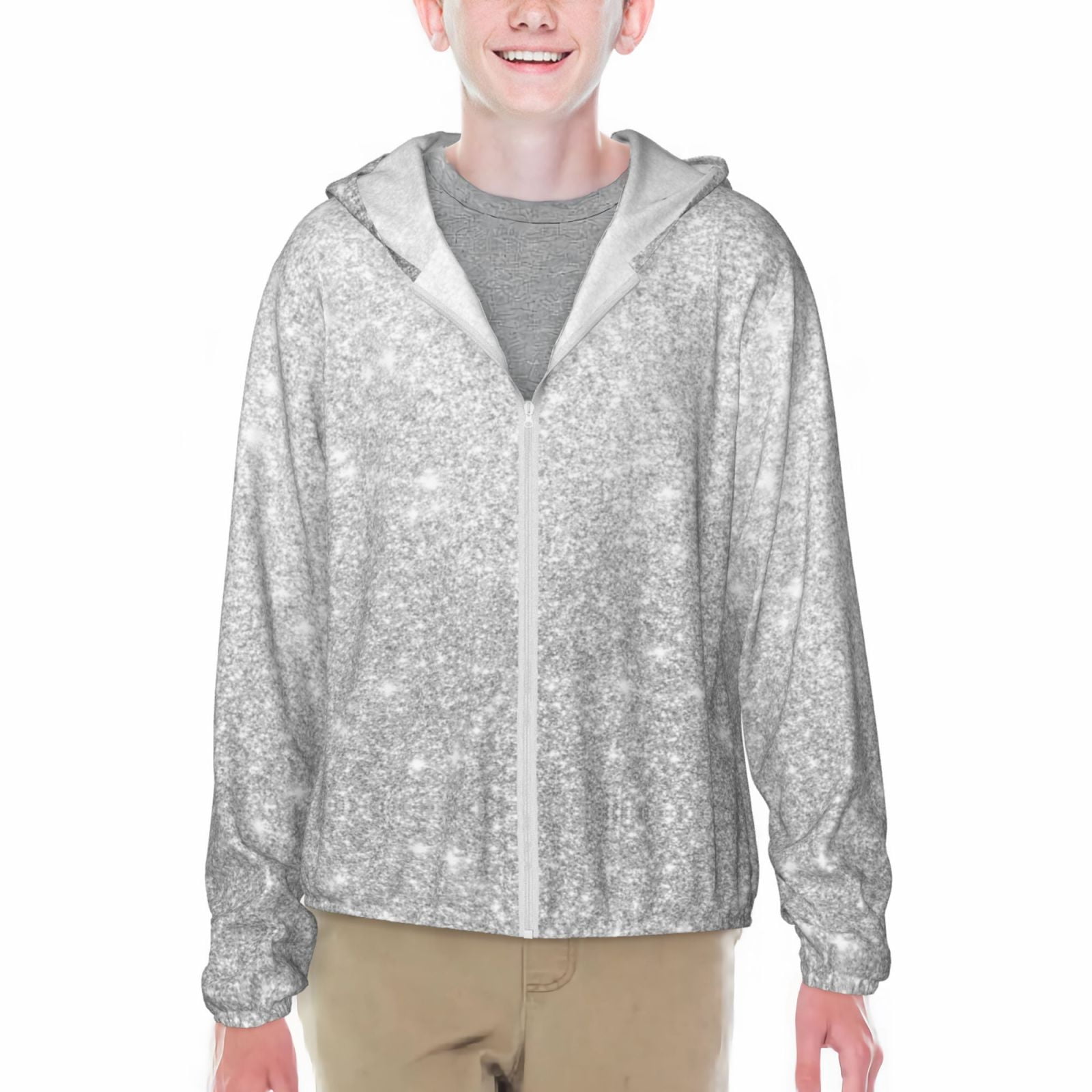 Cauagu Silver Glitter Print Sun Protection Jacket for Teen,Full-Zipper Long Sleeve Sun Shirts ...