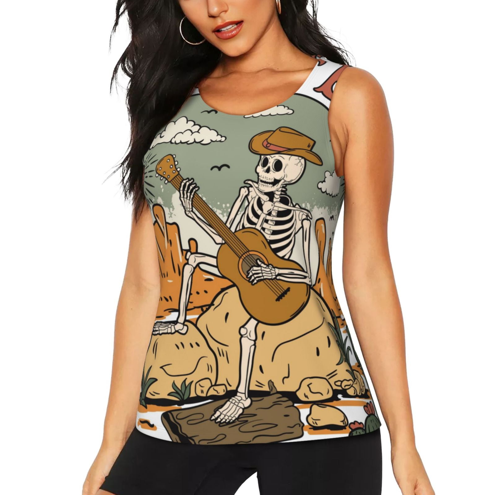 Cauagu Skeleton Cowboy And Guitar for Women's Workout Tank Tops Sleeveless Running Loose ...