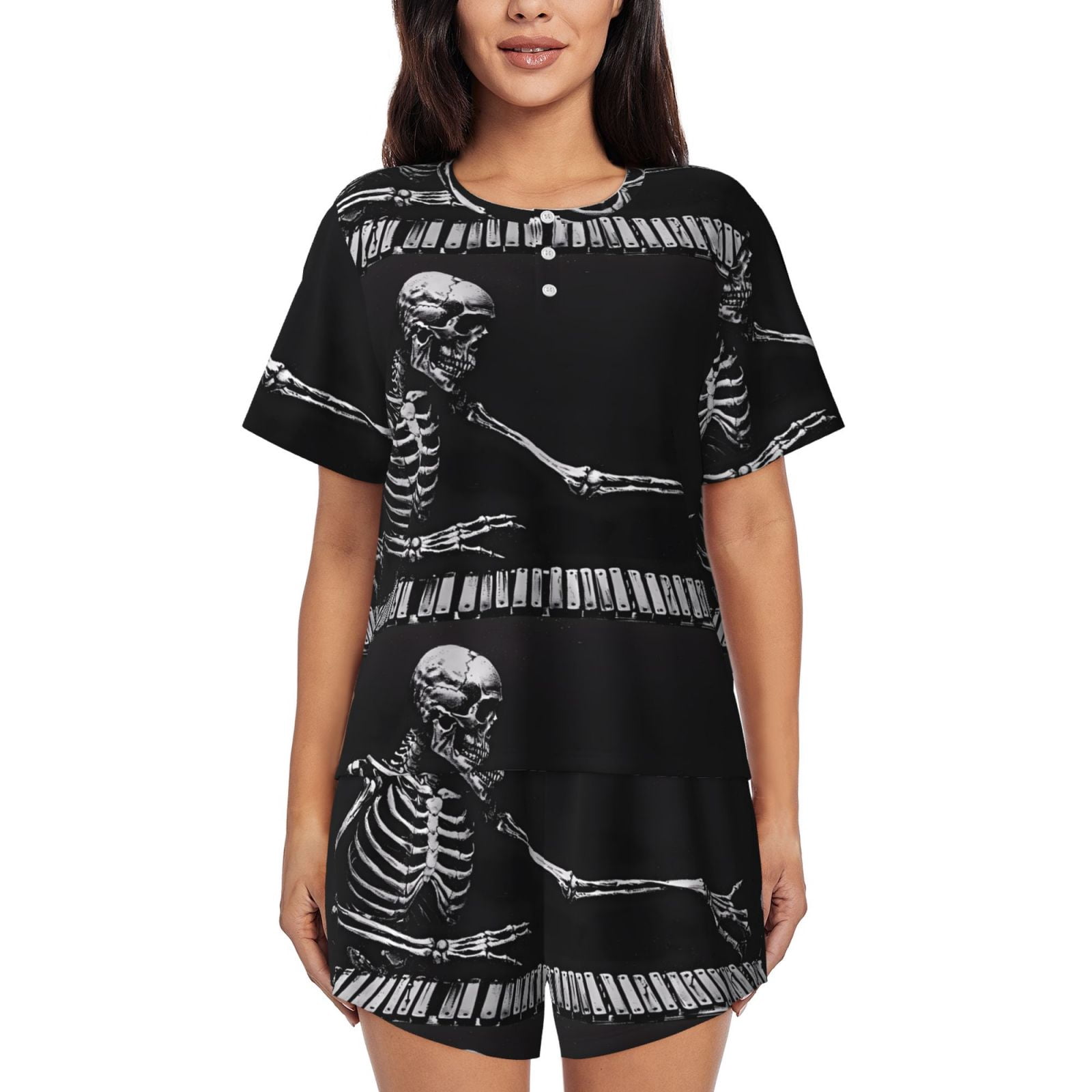 Cauagu Skeleton Playing Xylophone for Women's Round Neck Pajama Set ...