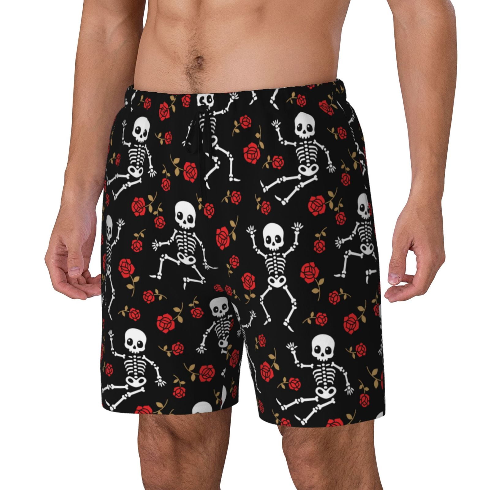 Cauagu Skeleton with Roses Print Mens Swim Trunks Quick Dry Board ...