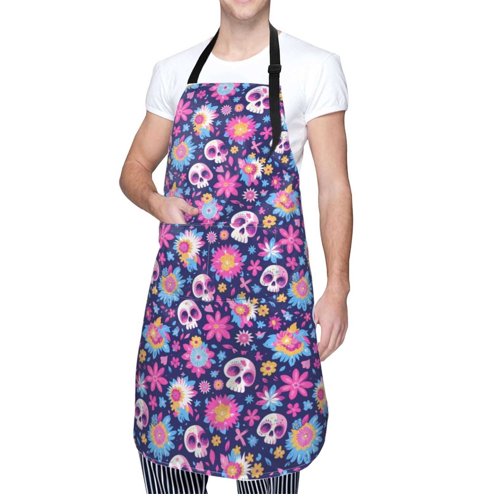 Cauagu Skull Blue Flower Aprons with Pockets,Waterproof Apron for Women ...
