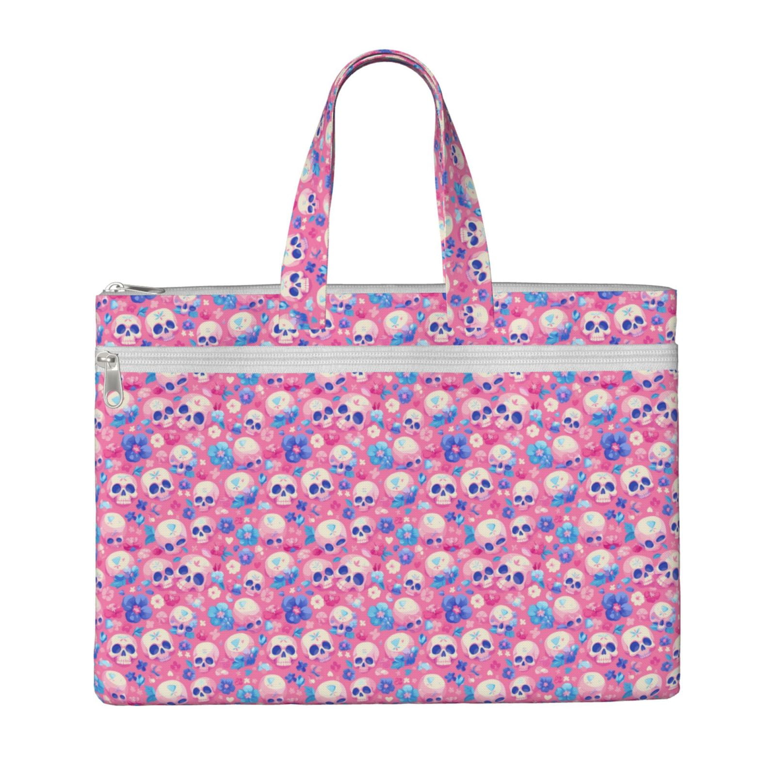 Cauagu Skull Blue Flower Pattern Canvas Tote File Bag, Zipper Tote Bag ...