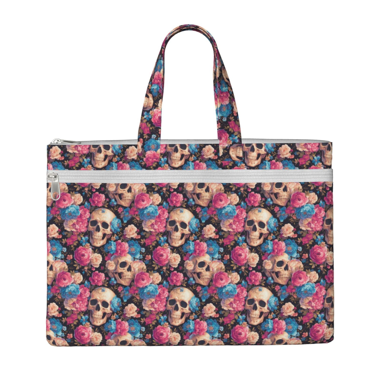 Cauagu Skull Blue Flower Pattern Canvas Tote File Bag, Zipper Tote Bag ...