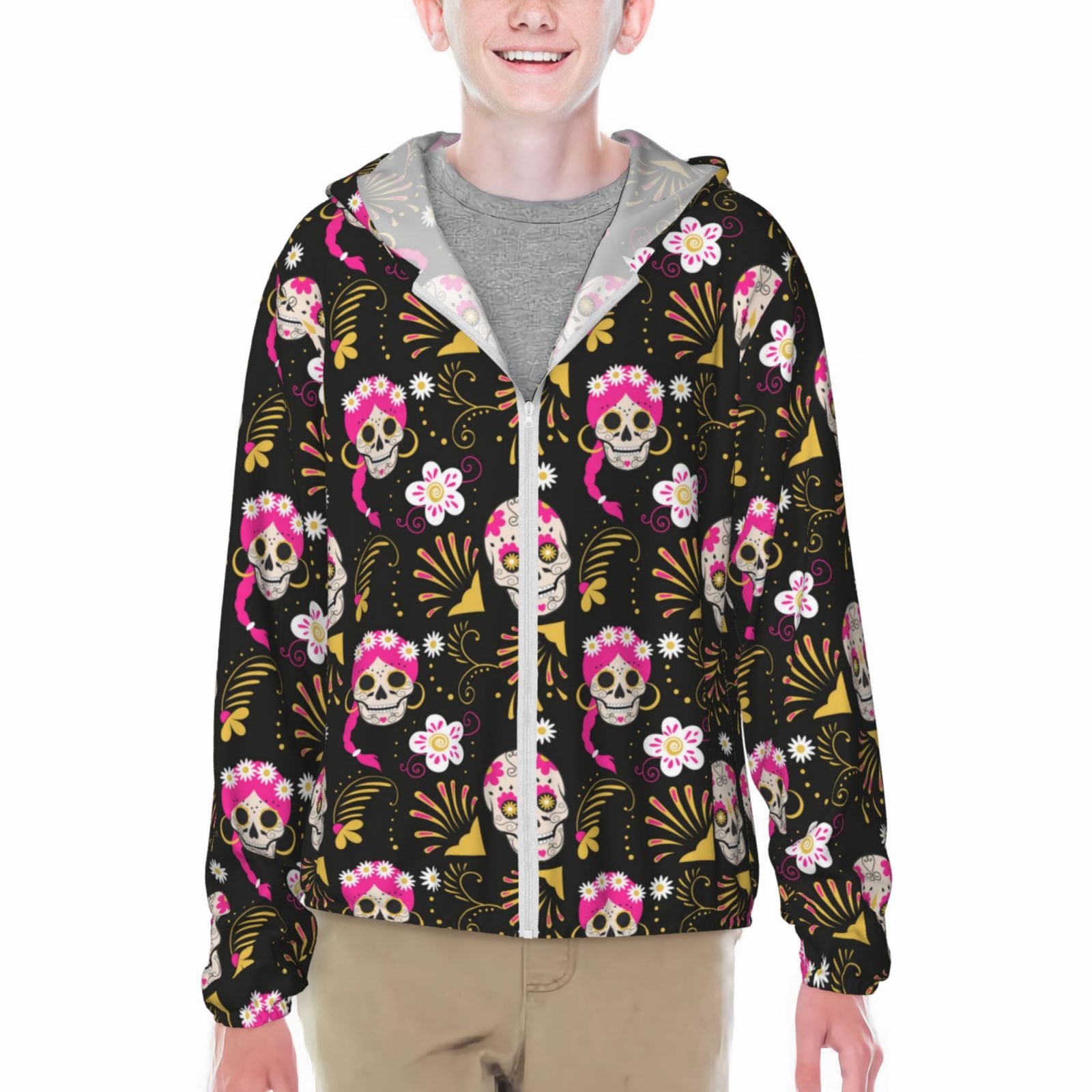 Cauagu Skull Daisy Print Sun Protection Jacket for Teen,Full-Zipper ...