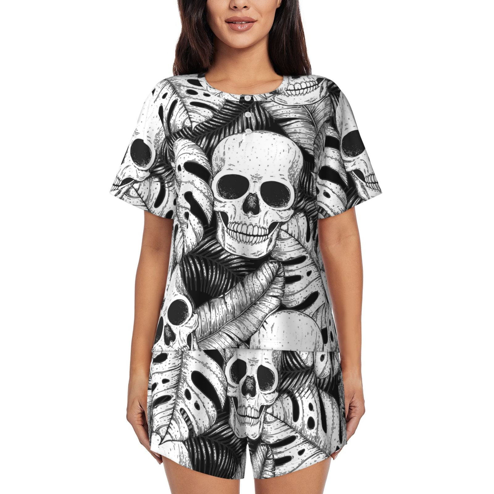 Cauagu Skull and palm leaves for Women's Round Neck Pajama Set,Short ...