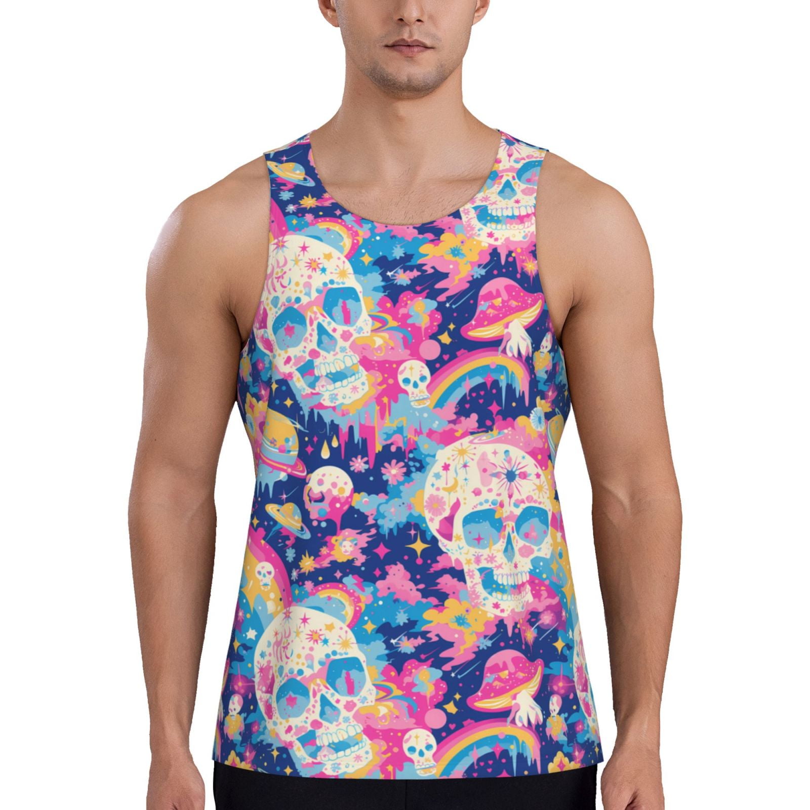 Cauagu Skull rainbow color space Print Men's Sleeveless Muscle Shirts ...