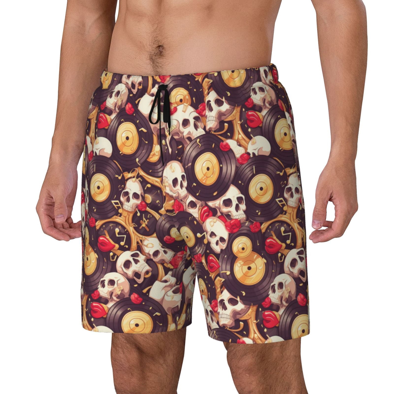 Cauagu Skull record lips Print Mens Swim Trunks Quick Dry Board Shorts ...