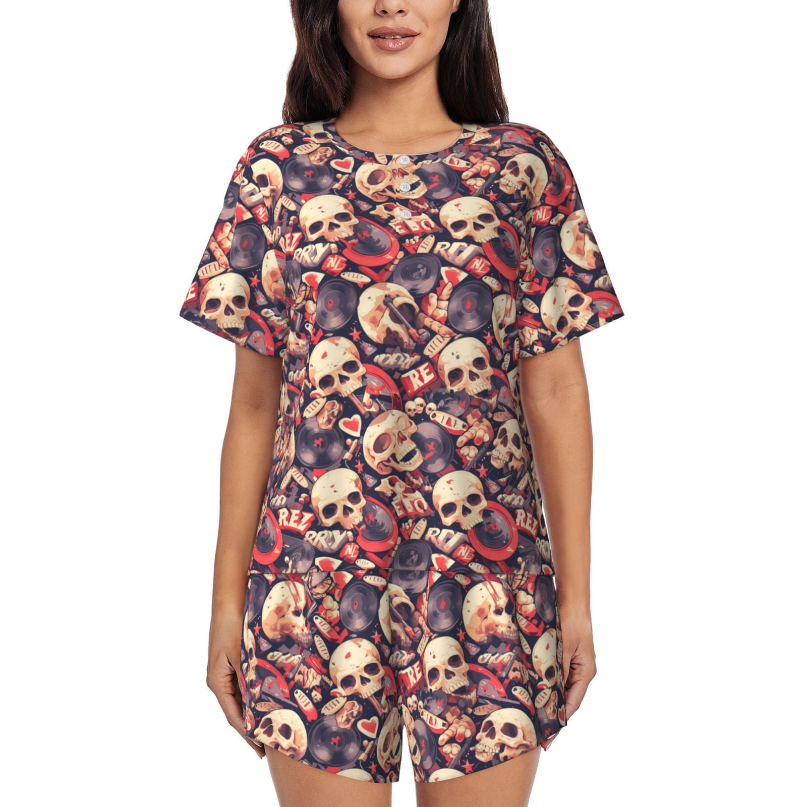 Cauagu Skull rock record artist for Women's Round Neck Pajama Set,Short ...