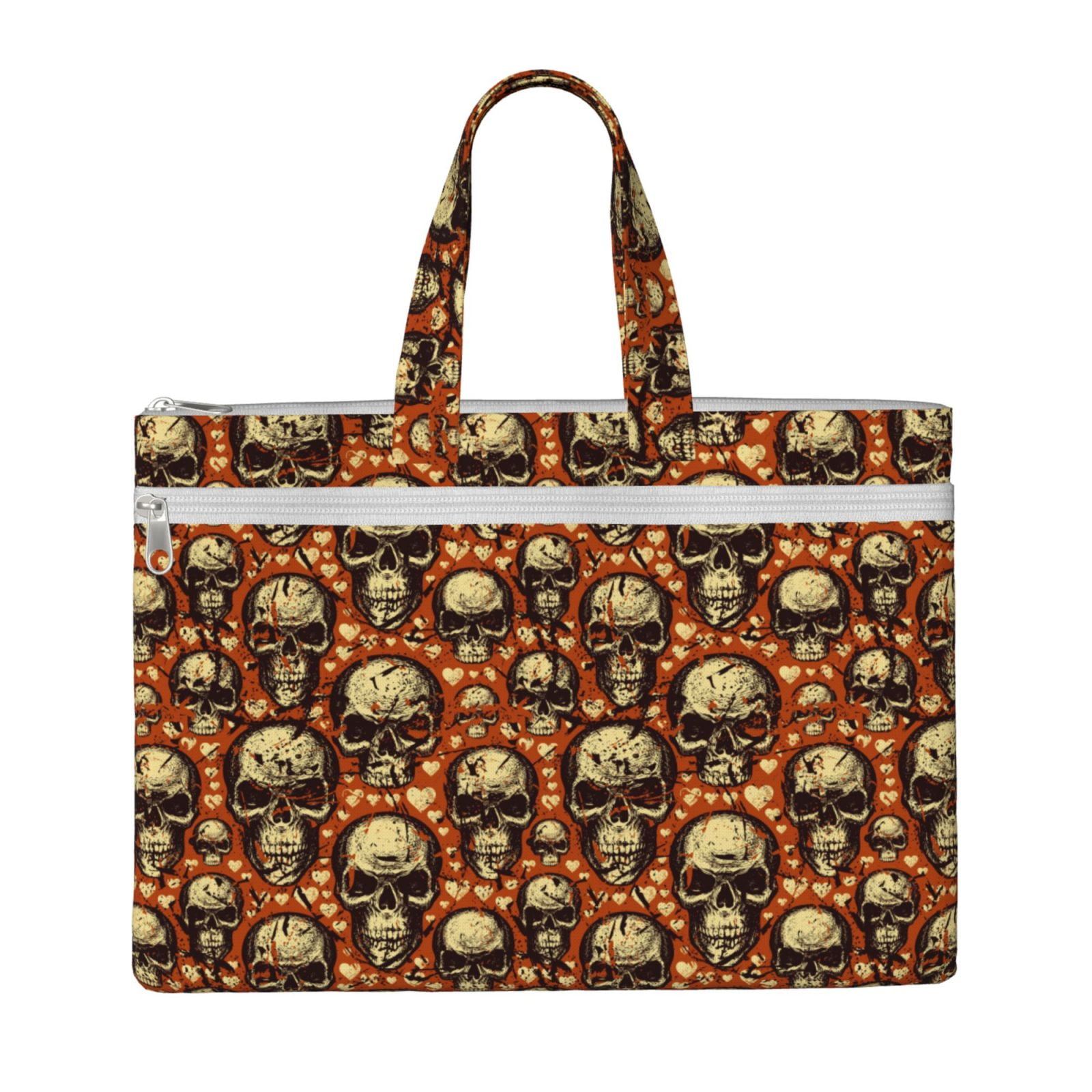 Cauagu Skulls And Hearts Pattern Canvas Tote File Bag, Zipper Tote Bag ...
