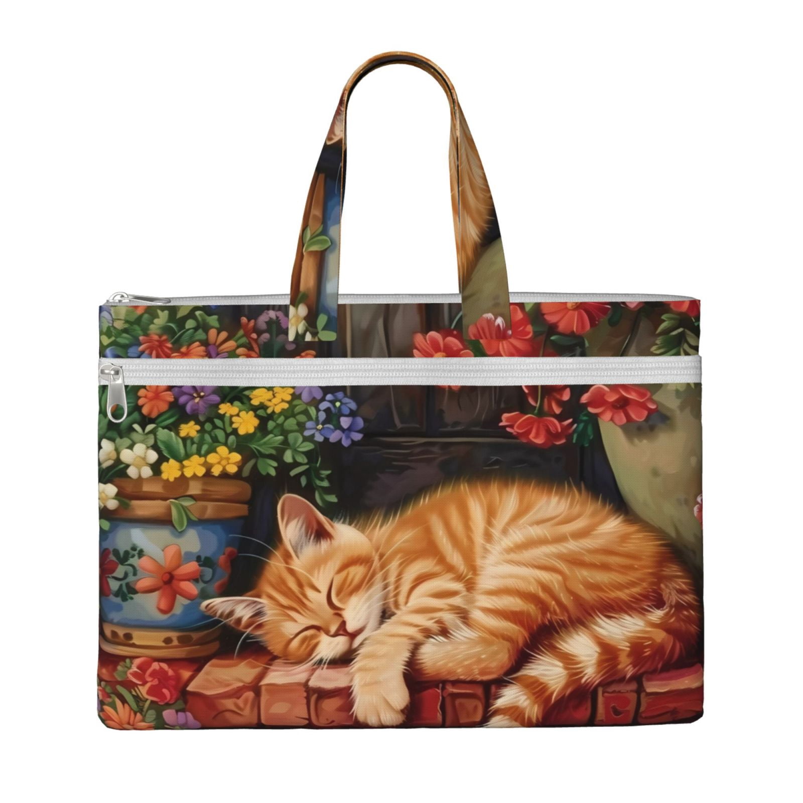 Cauagu Sleeping Cat Flowers Pattern Canvas Tote File Bag, Zipper Tote ...