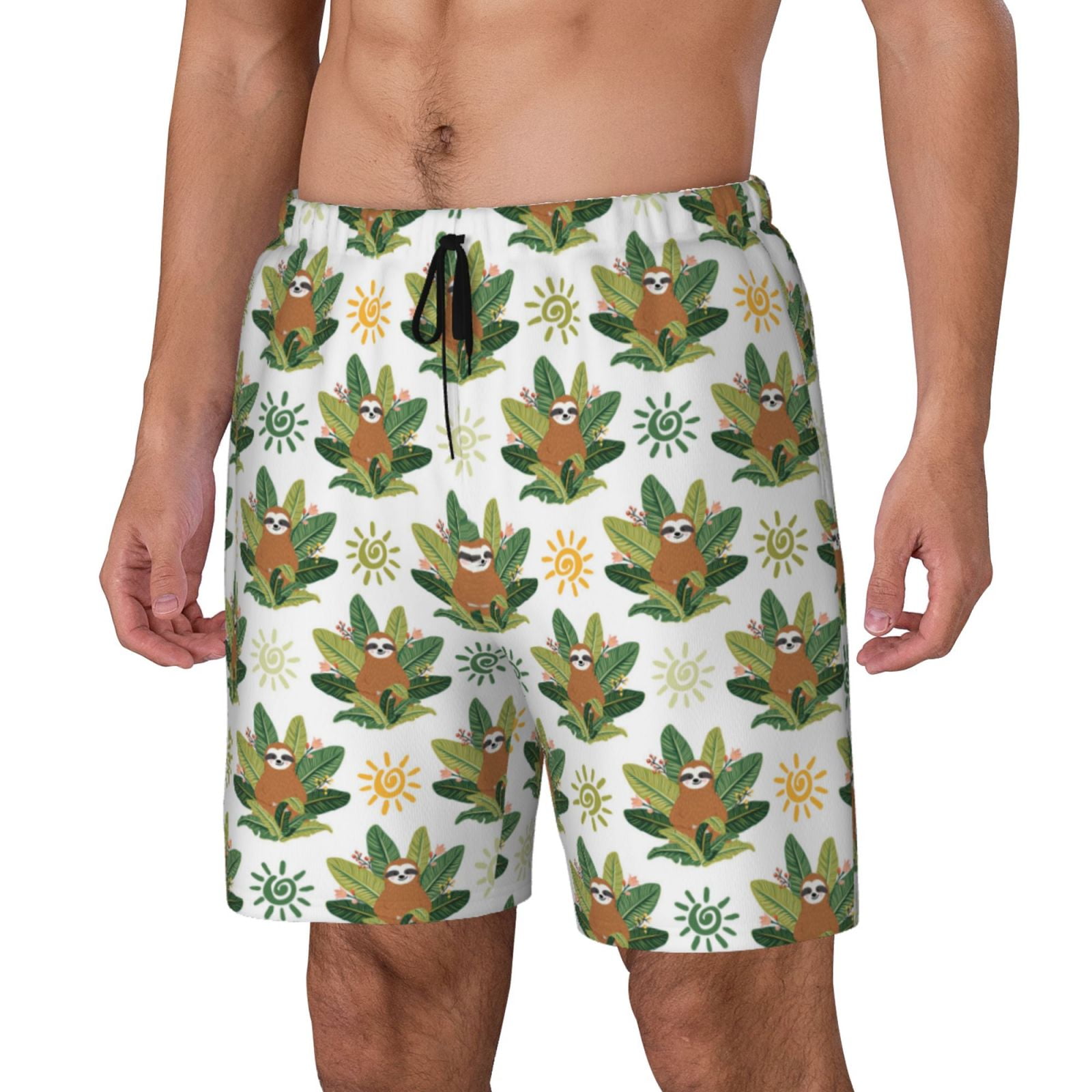 Cauagu Sloth Sitting Tropical Leaves Print Mens Swim Trunks Quick Dry ...