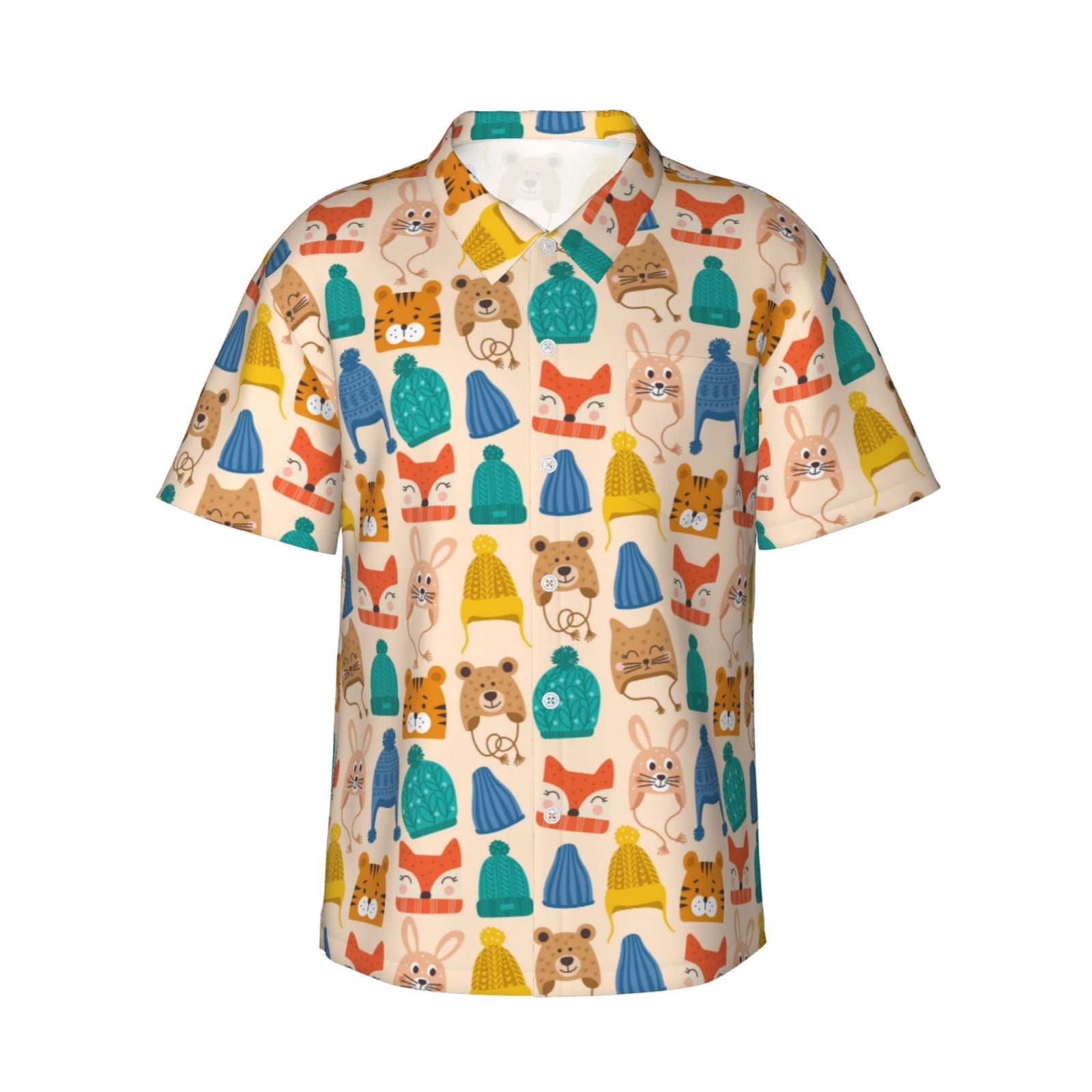 Cauagu Small Animals with Knit Hat Pattern Print Hawaiian Shirt for Men ...