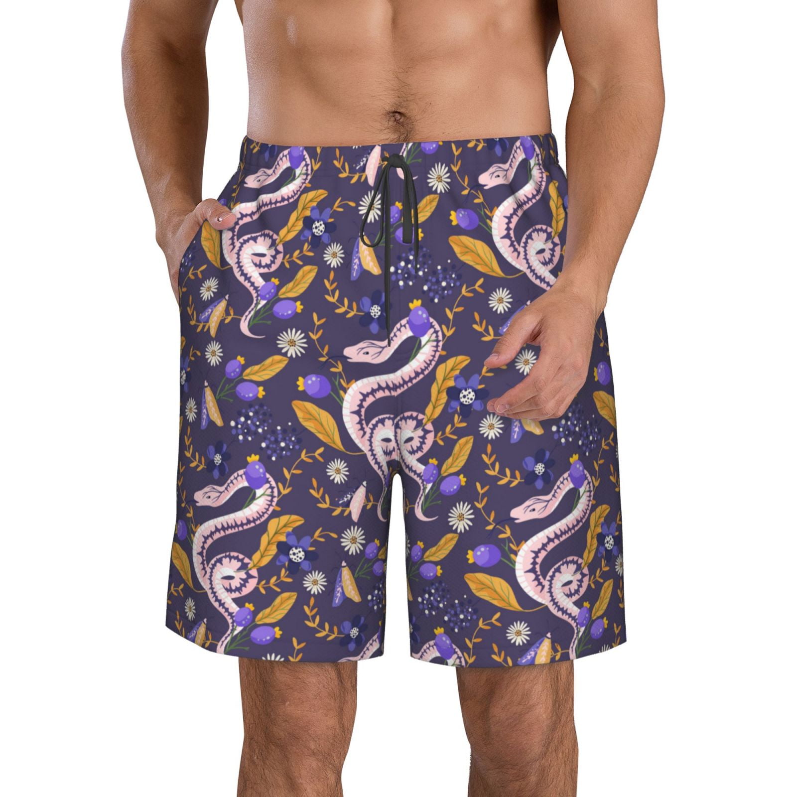 Cauagu Snake And Floral Print Men's Swim Trunks,Hawaiian Bathing Suit ...
