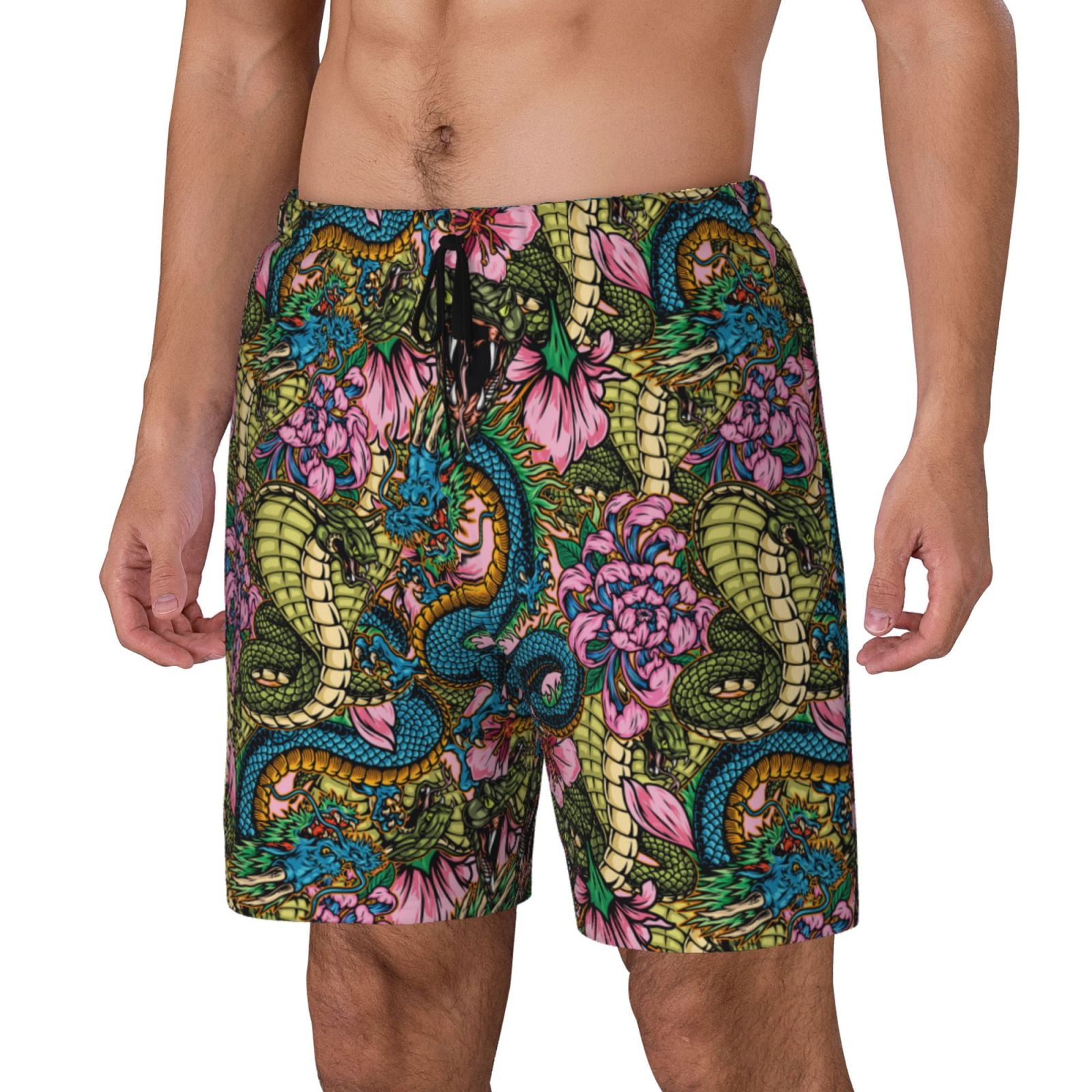 Cauagu Snake And Flower Print Mens Swim Trunks Quick Dry Board Shorts ...