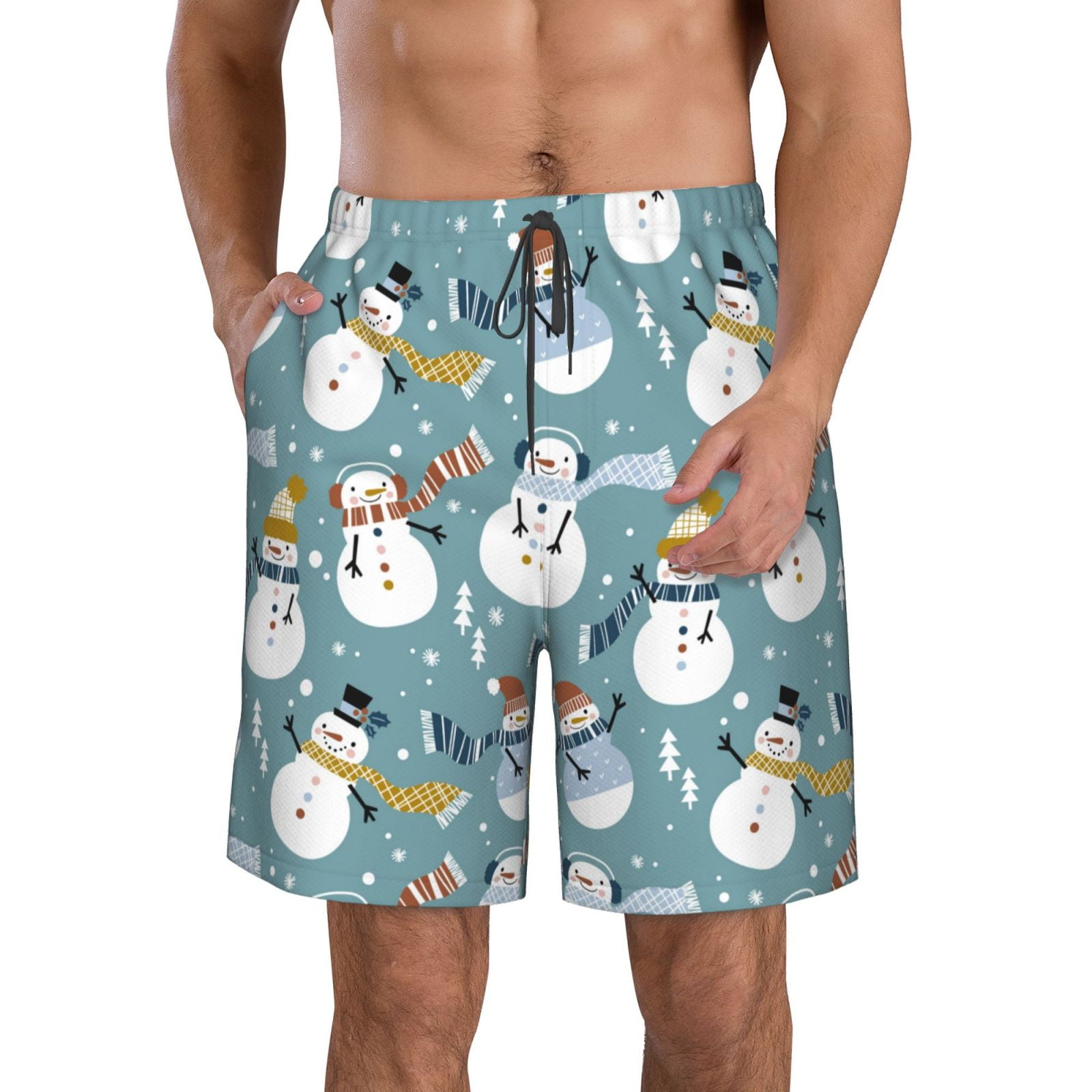 Cauagu Snowflake Scarf Snowman Print Men's Swim Trunks,Hawaiian Bathing ...