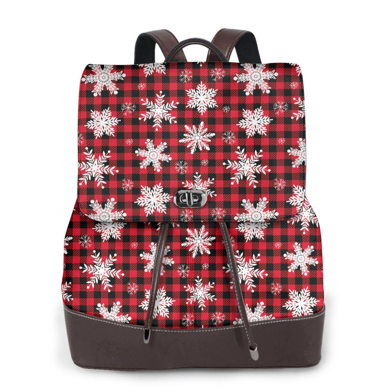 Cauagu Snowflake red plaid Print Women's PU Leather Backpack,Fashion ...