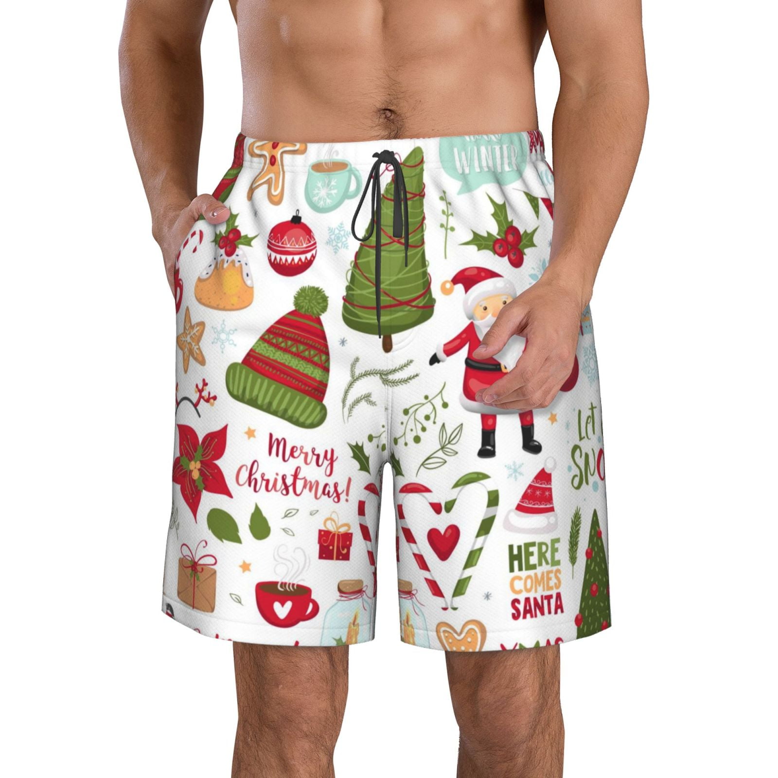 Cauagu Snowflakes Santa Claus Print Men's Swim Trunks,Hawaiian Bathing ...