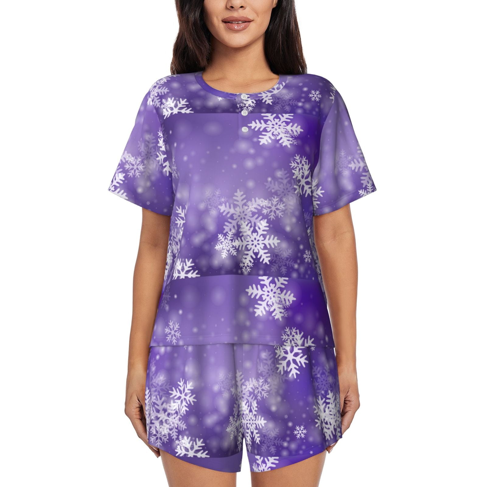 Cauagu Snowflakes for Women's Round Neck Pajama Set,Short-Sleeved ...