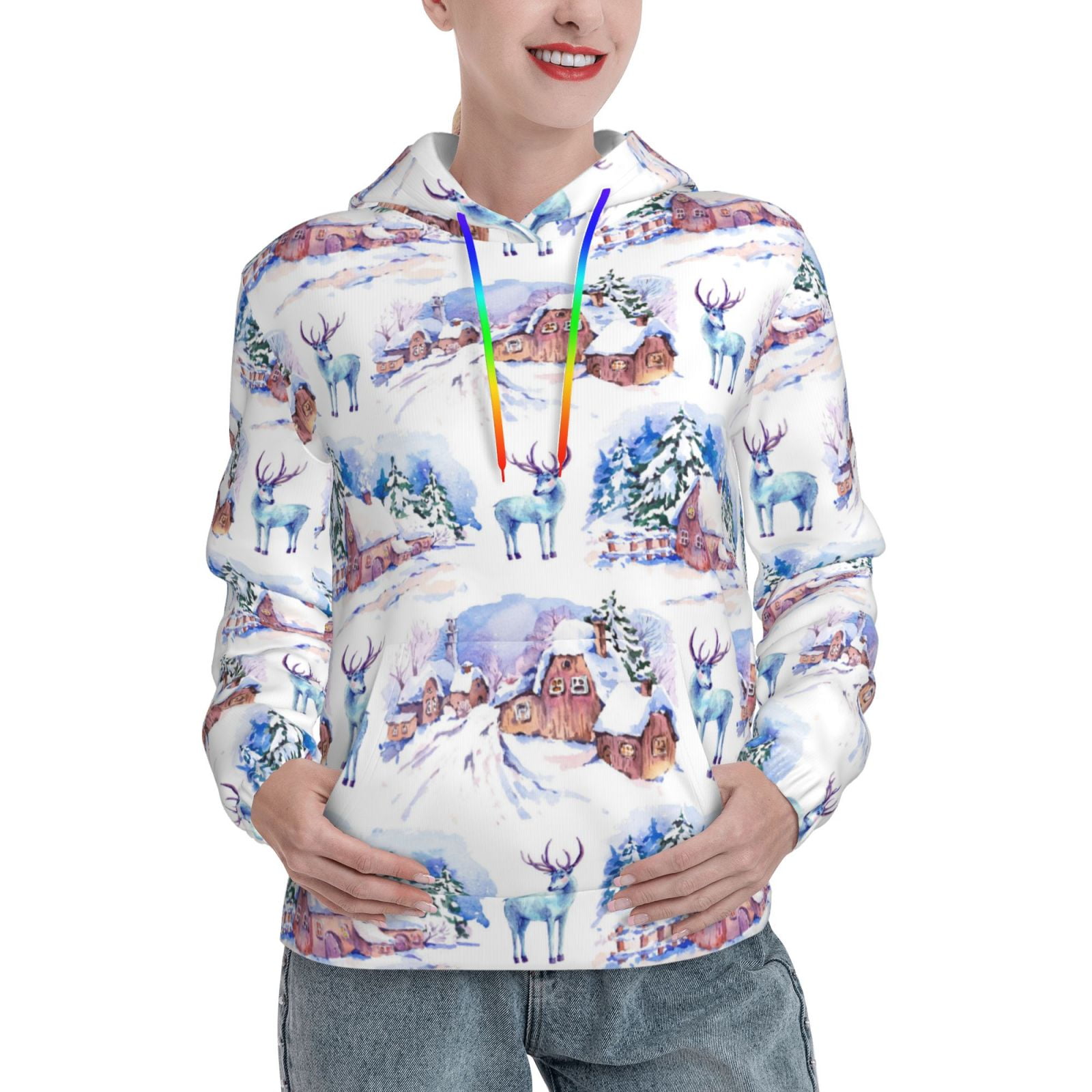 Cauagu Snowy Cottage Holiday Scene for Women's Hooded Sweatshirts Pullover Hoodie for Women Fall ...