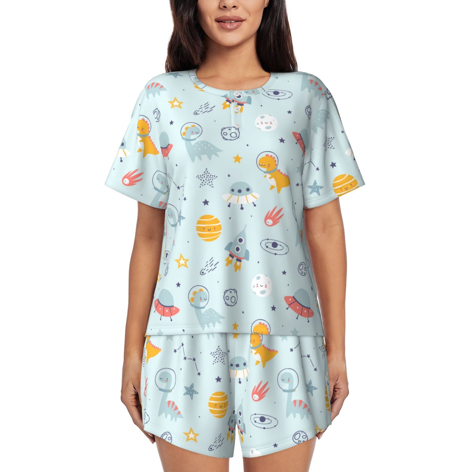 Cauagu Space With Dino Astronauts for Women's Round Neck Pajama Set ...