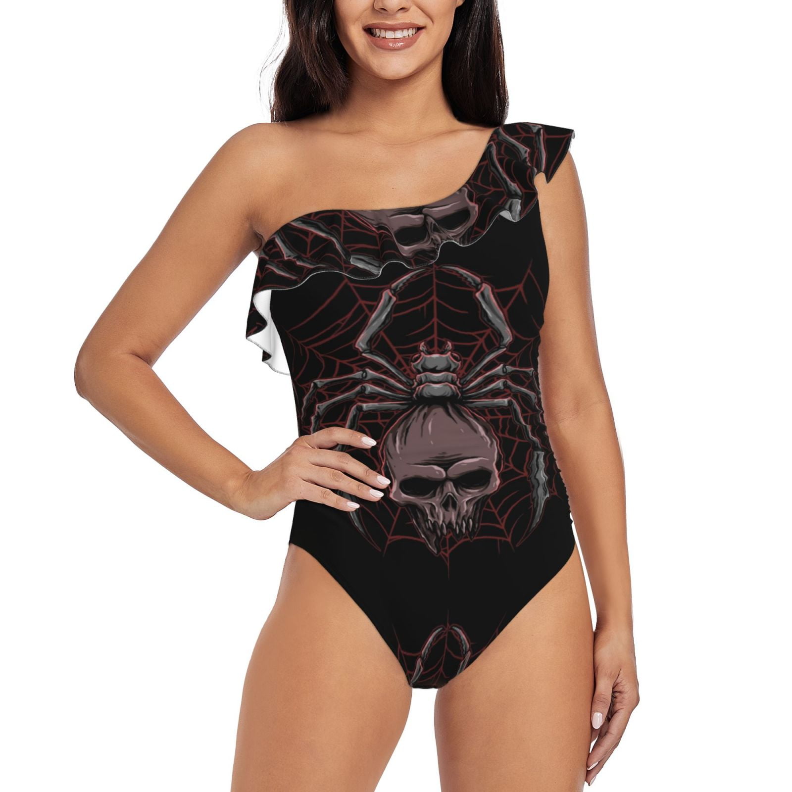 Cauagu Spider with Skull Print Women's Sexy One Piece Swimsuits One Shoulder Ruffle Tummy ...